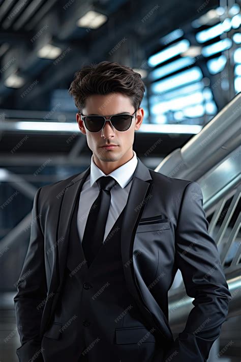 Premium Ai Image A Man In A Suit And Sunglasses Stands In Front Of A