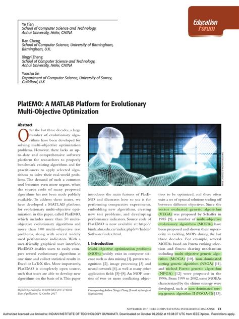 Platemo A Matlab Platform For Evolutionary Multi Objective Optimization Educational Forum Pdf