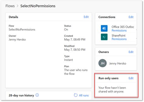 instant cloud flow run only permissions bypass edit access to list