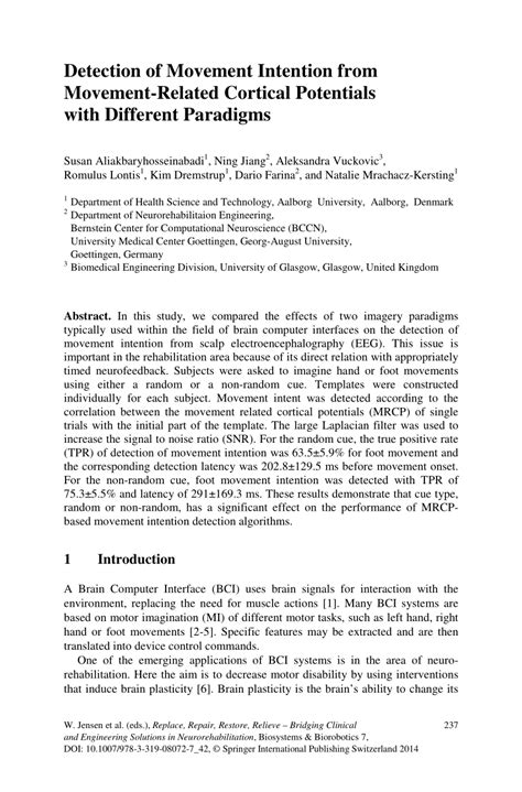 Pdf Detection Of Movement Intention From Movement Related Cortical Potentials With Different