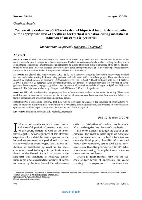Pdf Comparative Evaluation Of Different Values Of Bispectral Index In Determination Of The