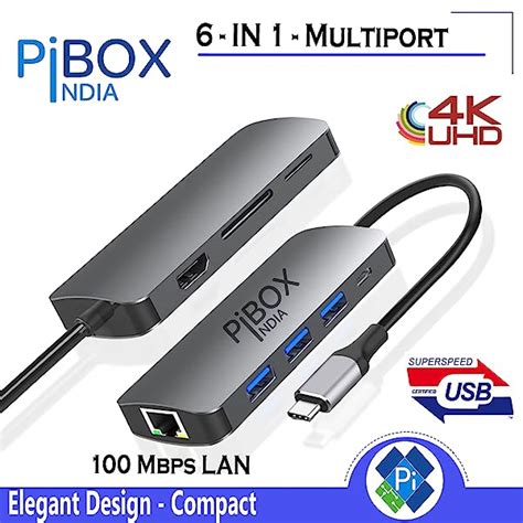 Usb C Hub Dock Pibox India 6 In 1 Aluminum Type C Adapter With Hdcp Support 4k Hdmi Port