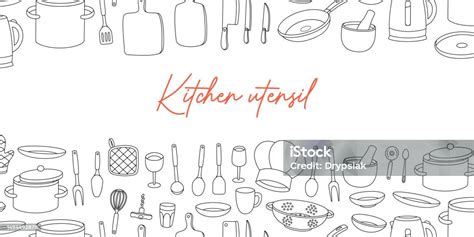 주방 용품 배너입니다 주방용품과 식기류 수평 배경 조리 도구 가전 제품 주방 용품 기구 벡터 그림입니다 가정 생활에 대한 스톡