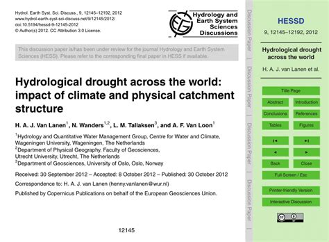 Pdf Hydrological Drought Across The World Impact Of Climate And Physical Catchment Structure