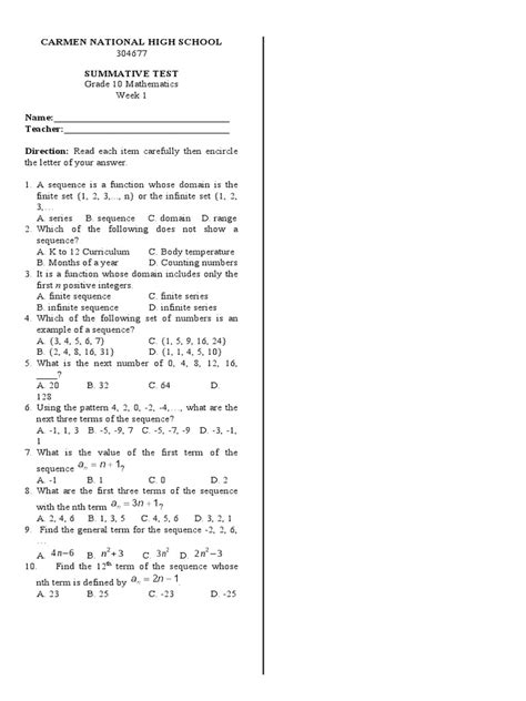 Math 10 Summative Test Pdf Sequence Function Mathematics