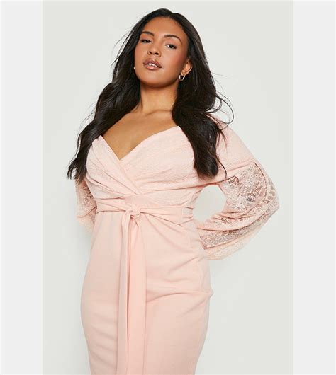 Buy Boohoo Lace Off The Shoulder Wrap Midi Dress In Nude 6thstreet