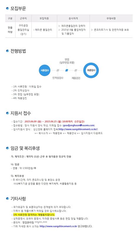 성신양회 채용공고 성신양회 레미콘 품질관리 2015년 채용