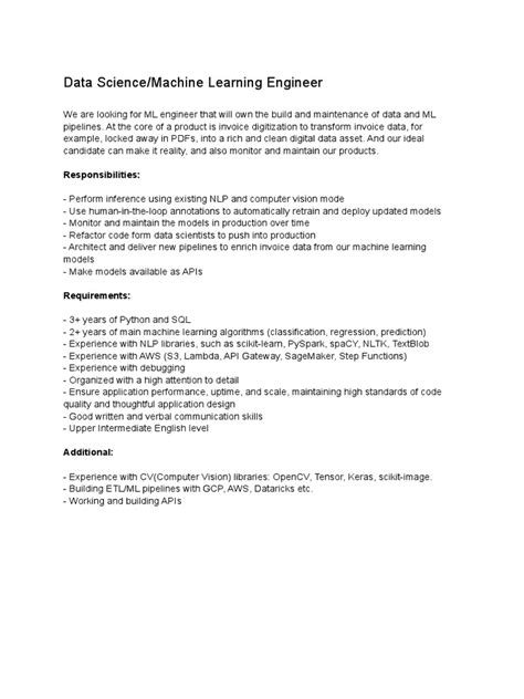 Data Sciencemachine Learning Engineer Responsibilities Download