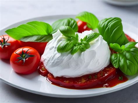 Premium Photo Burrata Cheese With Fresh Basil And Cherry Tomatoes