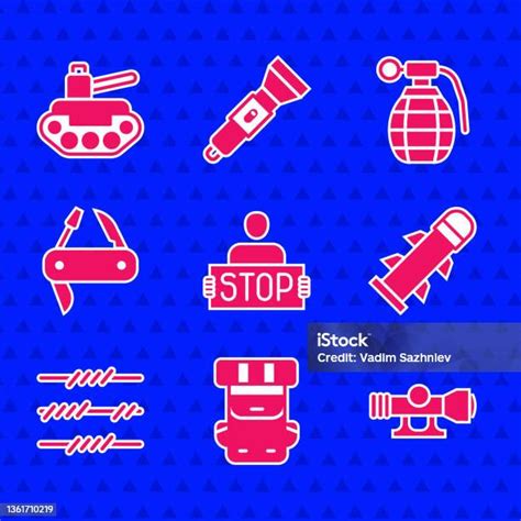 세트 스톱 전쟁 하이킹 배낭 스나이퍼 광학 광경 로켓 철조망 스위스 군용 칼 수류탄 및 군사 탱크 아이콘 벡터 겨냥에 대한 스톡 벡터 아트 및 기타 이미지 Istock