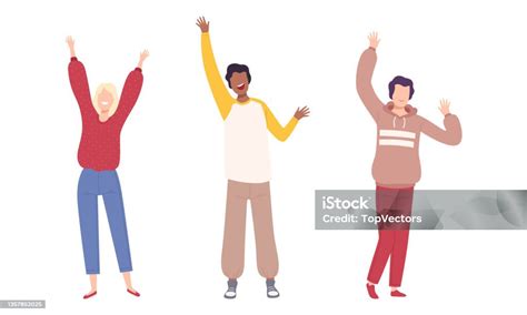 흥분 남자와 여자 와 함께 제기 손 응원 에 대 한 뭔가 벡터 세트 긍정적인 감정 표현에 대한 스톡 벡터 아트 및 기타 이미지