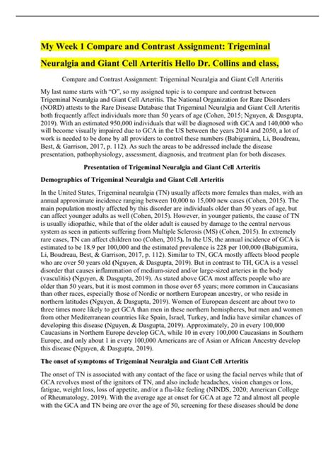 My Week 1 Compare And Contrast Assignment Trigeminal Neuralgia And Giant Cell Arteritis Hello