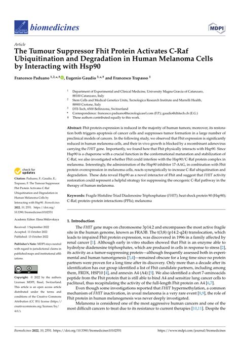 Pdf The Tumour Suppressor Fhit Protein Activates C Raf Ubiquitination