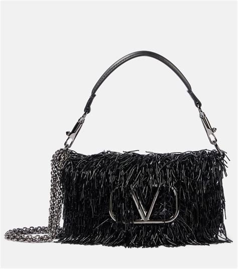 Valentino Garavani Locò Small Beaded Leather Shoulder Bag In Black Endource