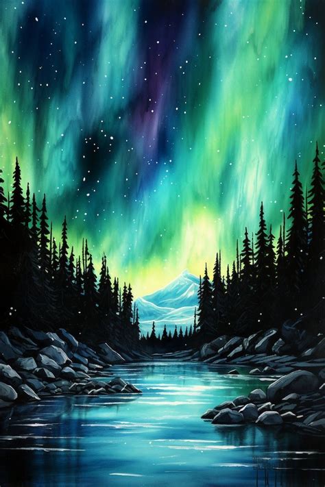 Aurora Borealis Canvas Wall Art Watercolor Painting Style Digital