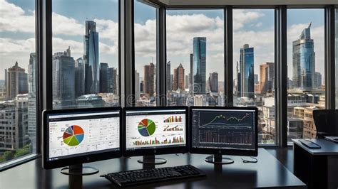 dynamic workspace with dual monitors displaying financial data against