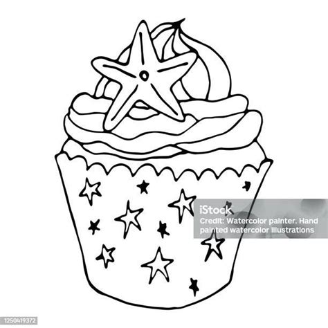 불가사리와 항해 스타일의 벡터 컵 케이크 그림 흰색 배경에 손 그리기 음식 낙서 베이커리 로고 결혼 초대장 프린트 디자인라인 아트 검은색에 대한 스톡 벡터 아트 및 기타