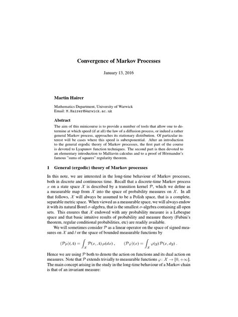 Convergence Of Markov Processes Martin Hairer Pdf Markov Chain Measure Mathematics