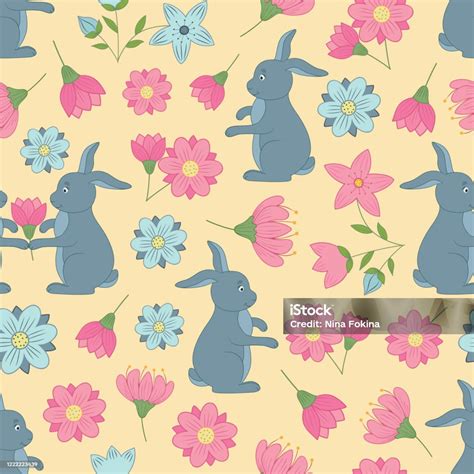 Spring Seamless Pattern With Flowers And Rabbits Stock Illustration Download Image Now