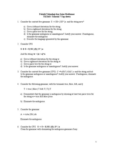 Tk3163 Tutorial 7 Tk3163 2023 Top Down Download Free Pdf Parsing Mathematical Logic