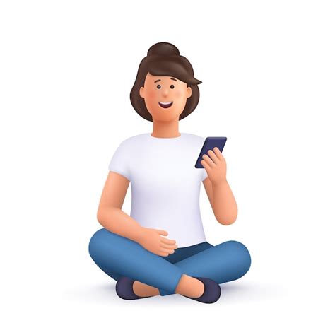 Premium Vector Young Smiling Woman Sitting Cross Legged And Holding