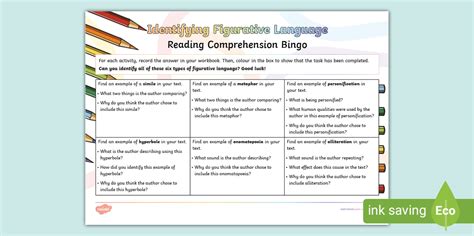 Identifying Figurative Language Reading Comprehension Bingo