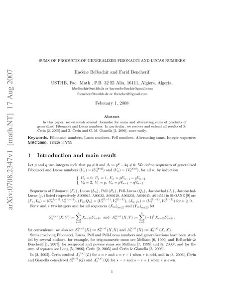 Pdf Sums Of Products Of Generalized Fibonacci And Lucas Numbers