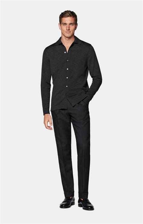 Dark Grey Long Sleeve Polo Cardigan In Californian Cotton And Mulberry