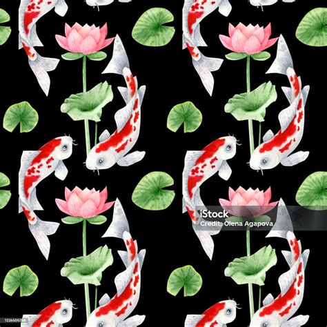 로토 매끄러운 패턴의 잉어 물고기 전통 잉어 잉어와 로토 잎과 꽃 무늬 금붕어에 대한 스톡 벡터 아트 및 기타 이미지 금붕어 금색 꽃 나무 Istock