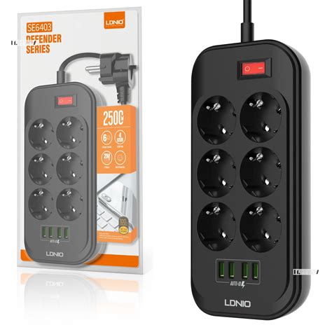 Сетевой фильтр удлинитель электрический 6 розетки с 4 USB LDNIO SE6403 ...