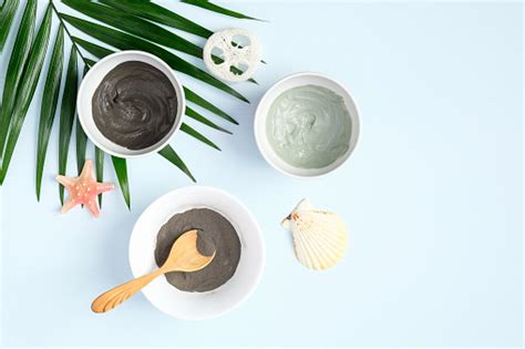 그릇에 얼굴 점토 마스크와 파란색 배경에 열대 야자수 잎 플랫 평신도 구성 얼굴 치료를위한 탑 뷰 Spa 천연 유기농 화장품