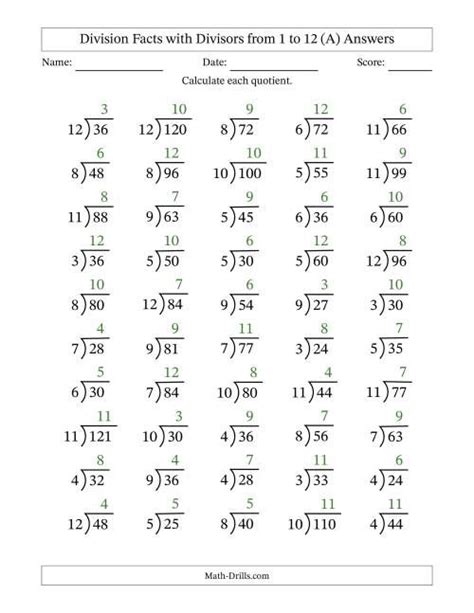 Best 12 Division Facts With Divisors And Quotients From 1 To 20 With