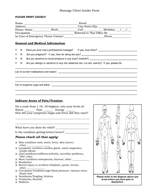 Massage Client Intake Form General And Medical Information Massage Therapy Business Massage