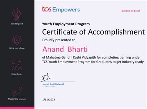 Anand Bharti On Linkedin Tcs Youth Employment Program Completed