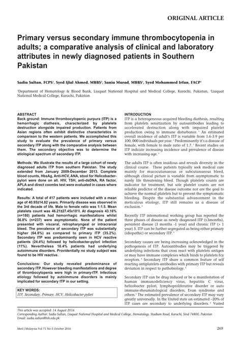 PDF Primary Versus Secondary Immune Thrombocytopenia In Adults A