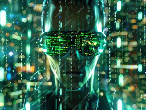 Digital Identity Man Wearing AR Glasses in a World of Binary Code | Premium AI-generated image