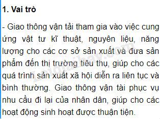 Vai trò và đặc điểm của ngành giao thông vận tải SGK Địa lí lớp