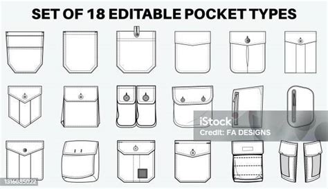 패치 포켓 플랫 스케치 벡터 일러스트 세트 청바지 포켓 데님 소매 팔 카고 바지 드레스 의류 의류 및 액세서리용 다양한 유형의