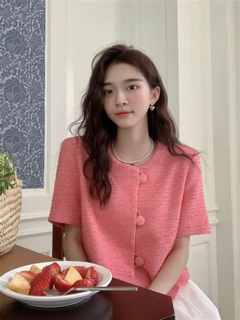 노카라 빅단추 크롭 핑크 반팔 여름 트위드 자켓