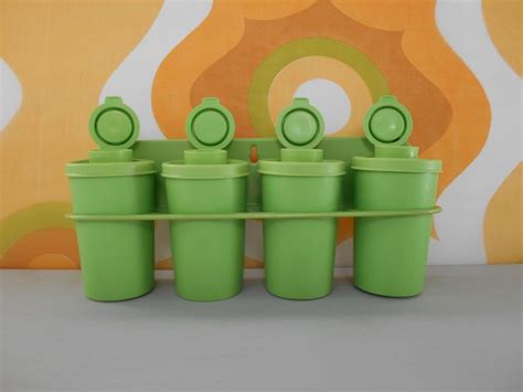 Retro Lime Green Tupperware Spice Canisters And Wall Hanger Set