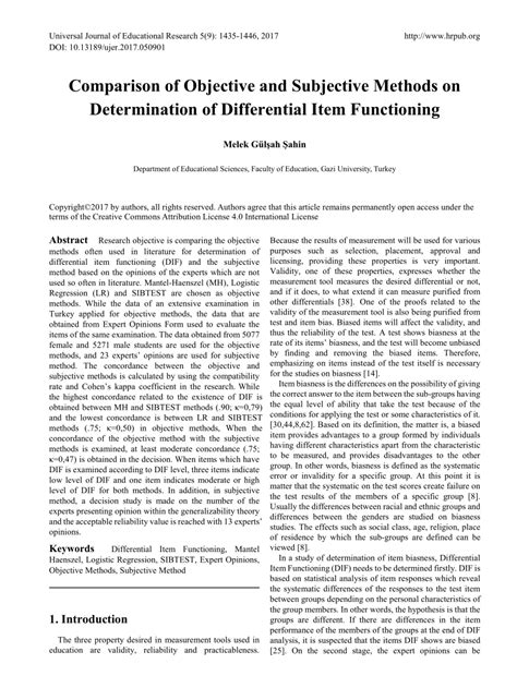 Pdf Comparison Of Objective And Subjective Methods On Determination Of Differential Item