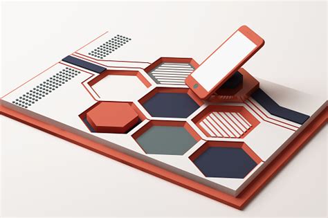 기술 개념 오렌지와 블루 색상의 기하학적 모양 플랫폼의 추상 적 구성스마트 폰 3d 렌더링 0명에 대한 스톡 사진 및 기타 이미지 Istock