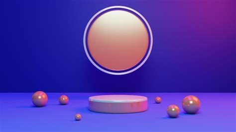 80년대 사이버 네온 배경이 있는 3d 받침대 또는 연단 모형 제품 쇼케이스를 위한 빈 플랫폼 프리미엄 사진