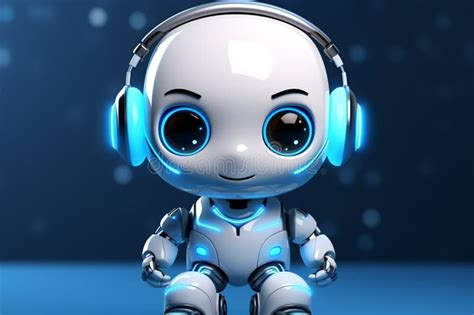 Cute Artificial Intelligence Chat Bot With Headphones On Blue Backdrop