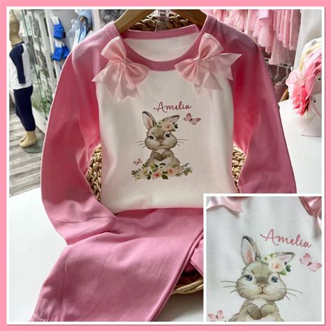 Personalised Girls Easter Pyjamas Easter Floral Bunnie Any Name With