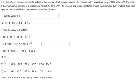 solved the table shown gives experimental values of the