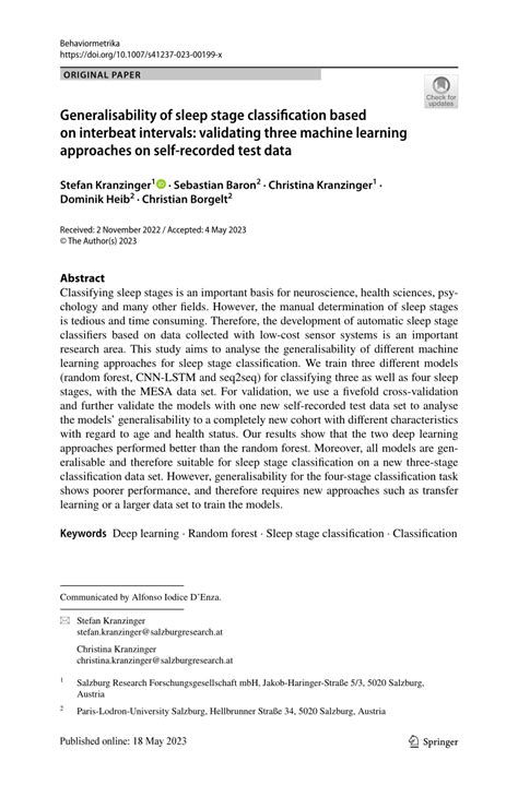 Pdf Generalisability Of Sleep Stage Classification Based On Interbeat