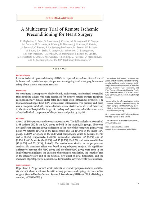 Pdf A Multicenter Trial Of Remote Ischemic Preconditioning For Heart