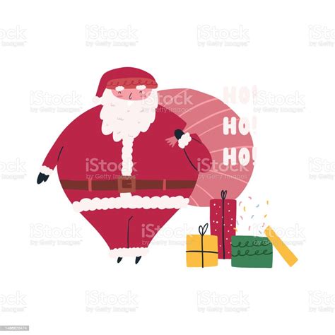 Ilustración De Divertido Santa Claus Con Bolsa Y Cajas De Regalo