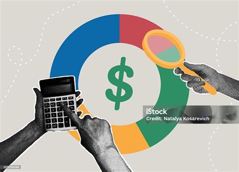 트랜드의 하프톤 콜라주 재무 분석 및 예산 책정 지출과 수입의 균형을 계산하고 수입 부채 및 투자를 분석하고 자금 관리를 하는 개념 배경 주제에 대한 스톡 벡터 아트 및